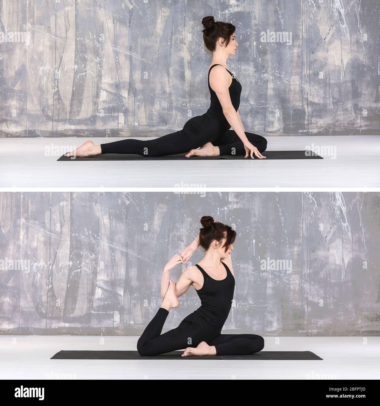Collage of young woman doing different yoga poses on grunge wall ...