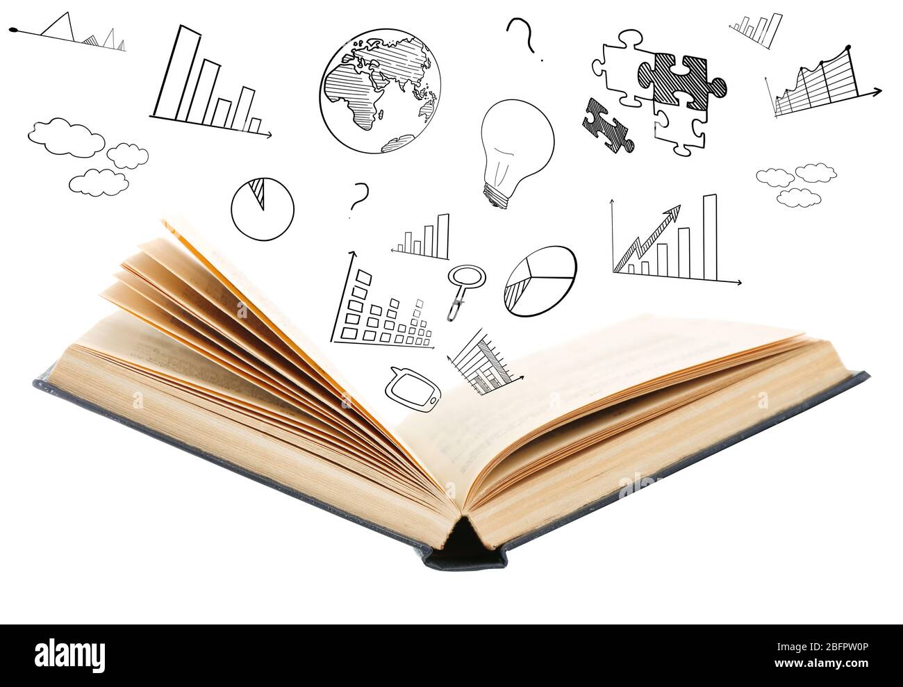 Open book and drawings on white background. School concept Stock Photo ...
