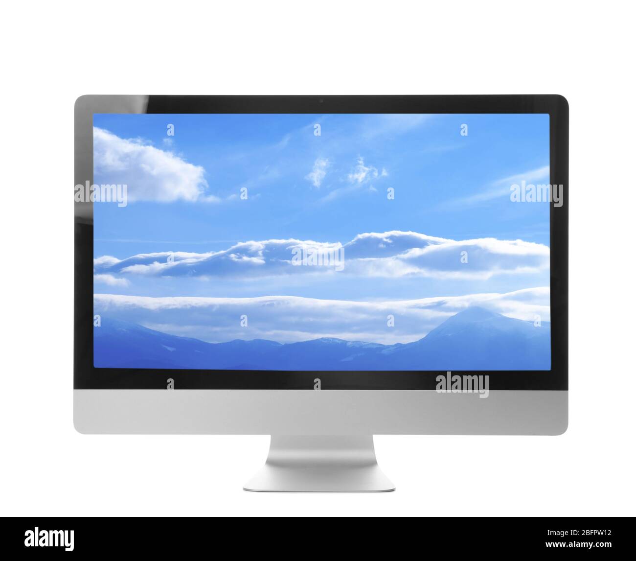 Computer monitor and wallpaper of landscape on screen, white background ...