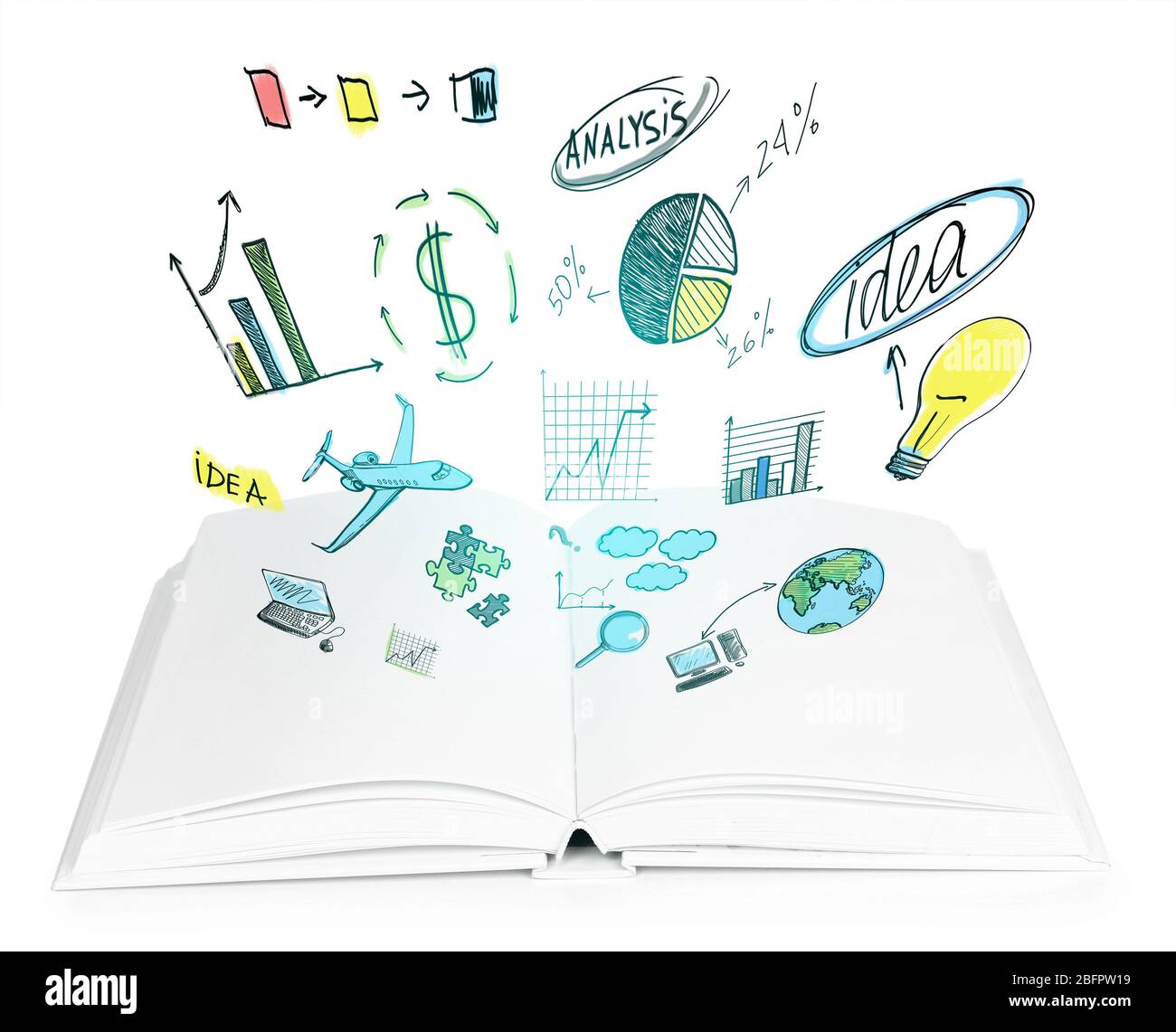 Open notebook and drawings on white background. School concept Stock ...