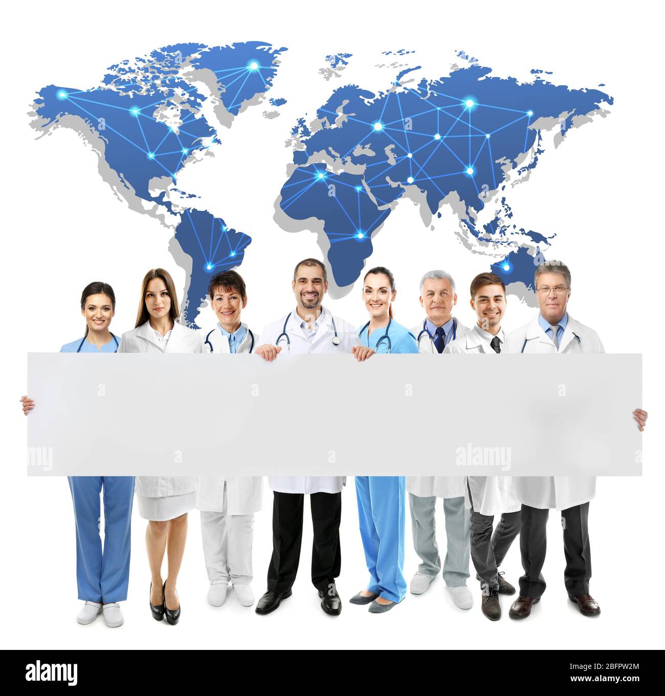 Concept of consulting. Medical staff with banner and world map on white ...