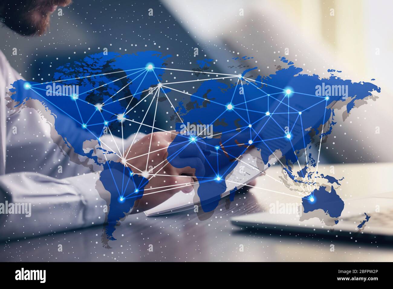 Concept of consulting. World map and lawyer reading document on ...