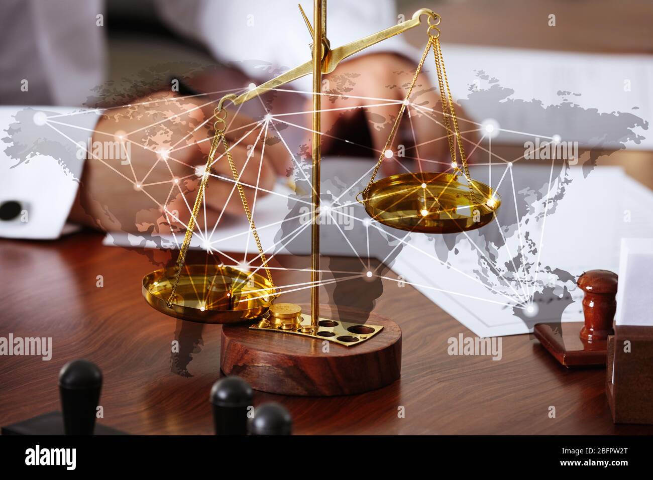 Concept of consulting. World map and scales of justice on background ...