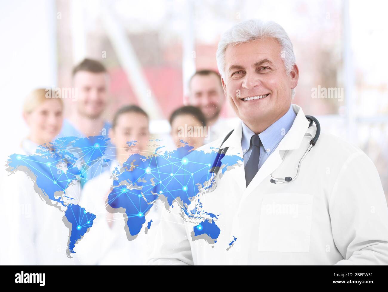 Concept of consulting. World map and medical staff on background Stock ...