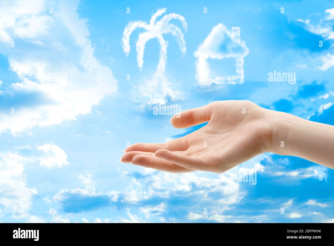 Female hands and clouds of different shapes on sky background Stock ...