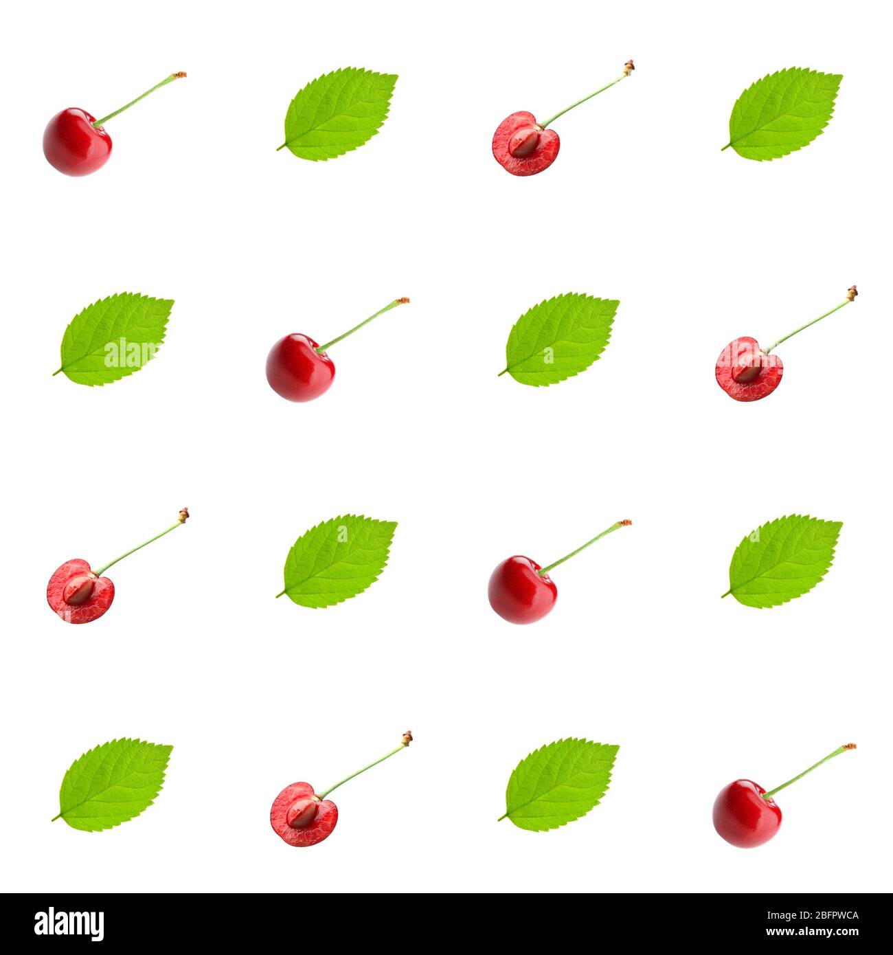 Collage of red cherries and green leaves on white background Stock ...