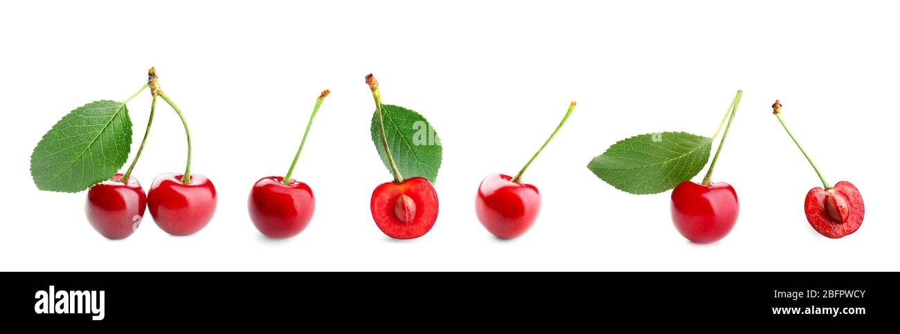 Collage of red cherries and green leaves on white background Stock ...