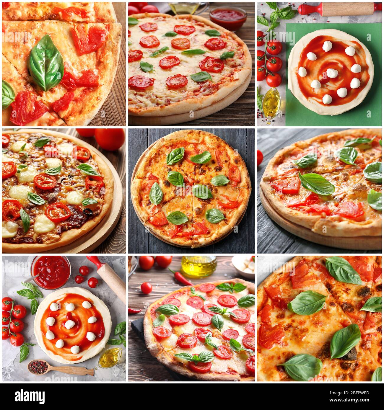 Collage of delicious pizzas with basil leaves Stock Photo - Alamy