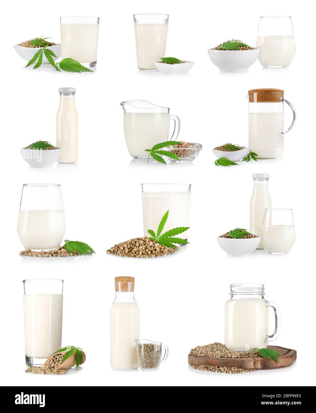 Collage of hemp seeds and milk in different glassware on white ...