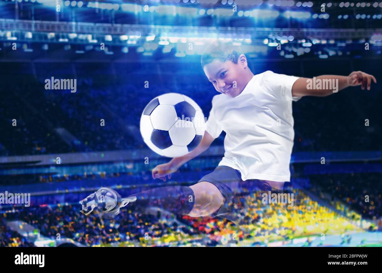 Double exposure of African-American youth football player and stadium ...
