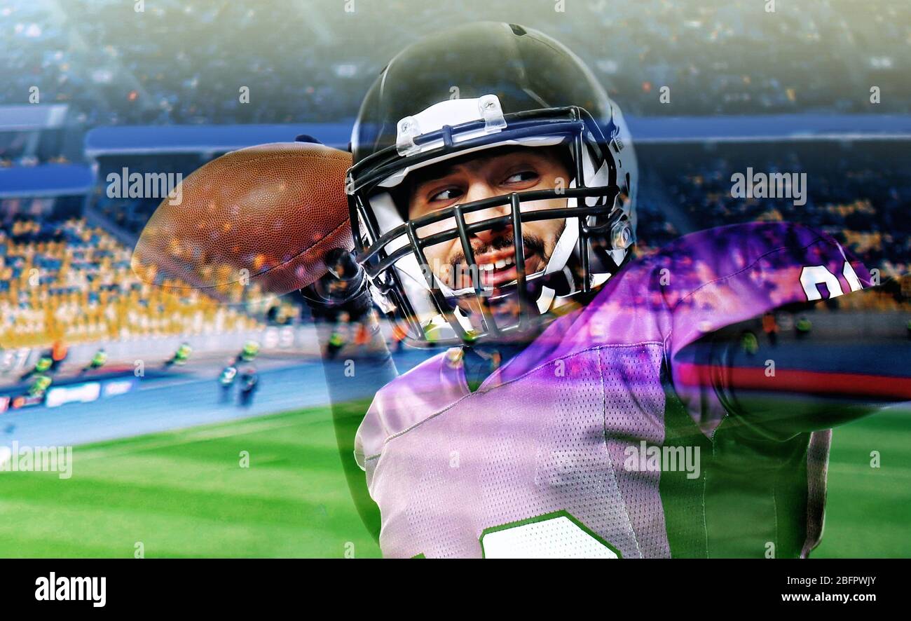 Double exposure of American football player and stadium Stock Photo - Alamy