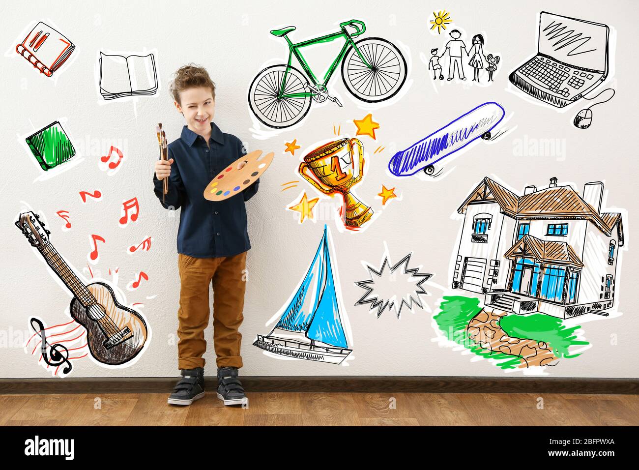 Cute little artist and different drawings on wall background Stock ...
