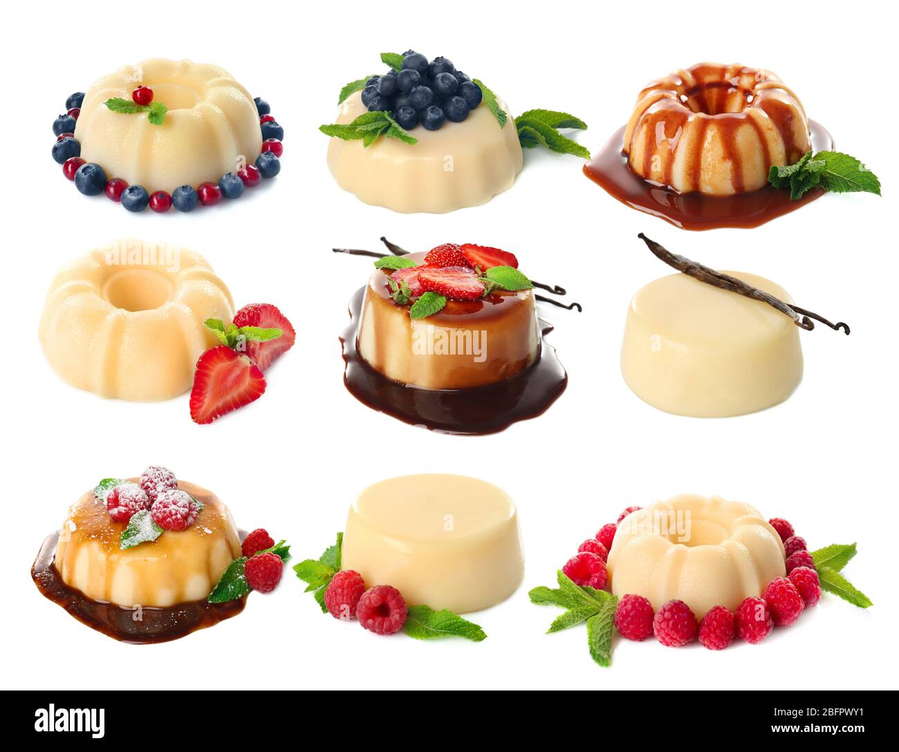 Set of vanilla puddings on white background Stock Photo - Alamy