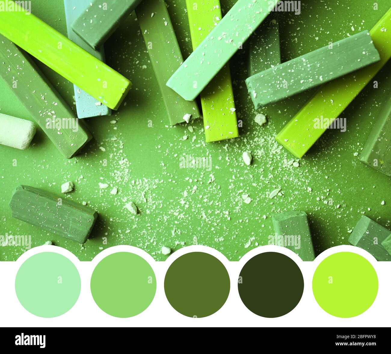Colorful chalks, closeup. Palette with green color Stock Photo - Alamy