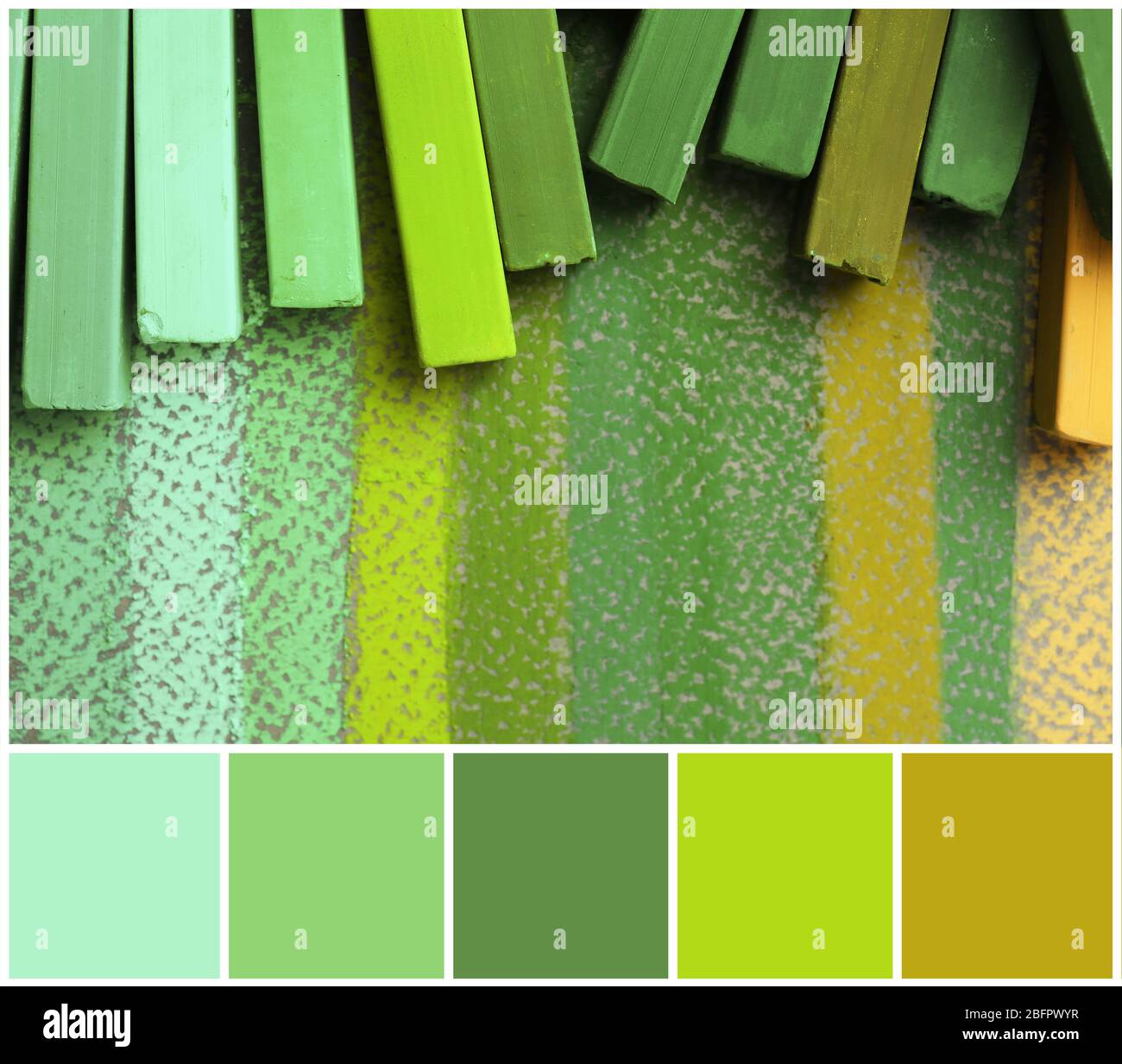 Colorful chalks, closeup. Palette with green color Stock Photo - Alamy