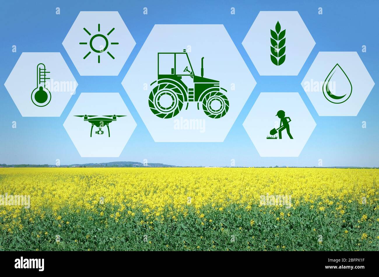 Icons and field on background. Concept of smart agriculture and modern ...