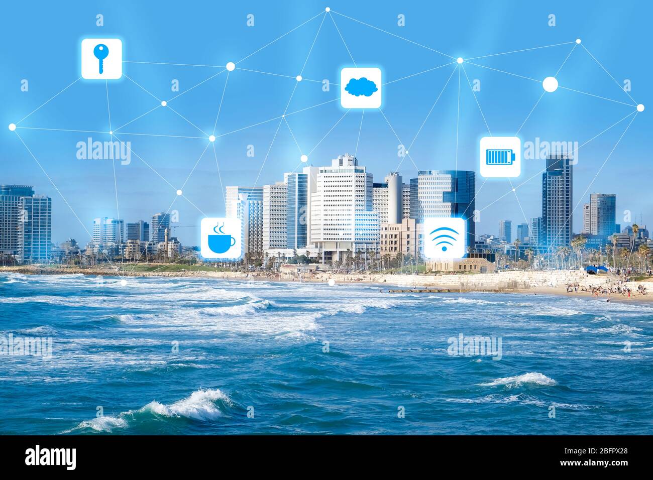 Smart city network and cityscape on background. Modern technology ...