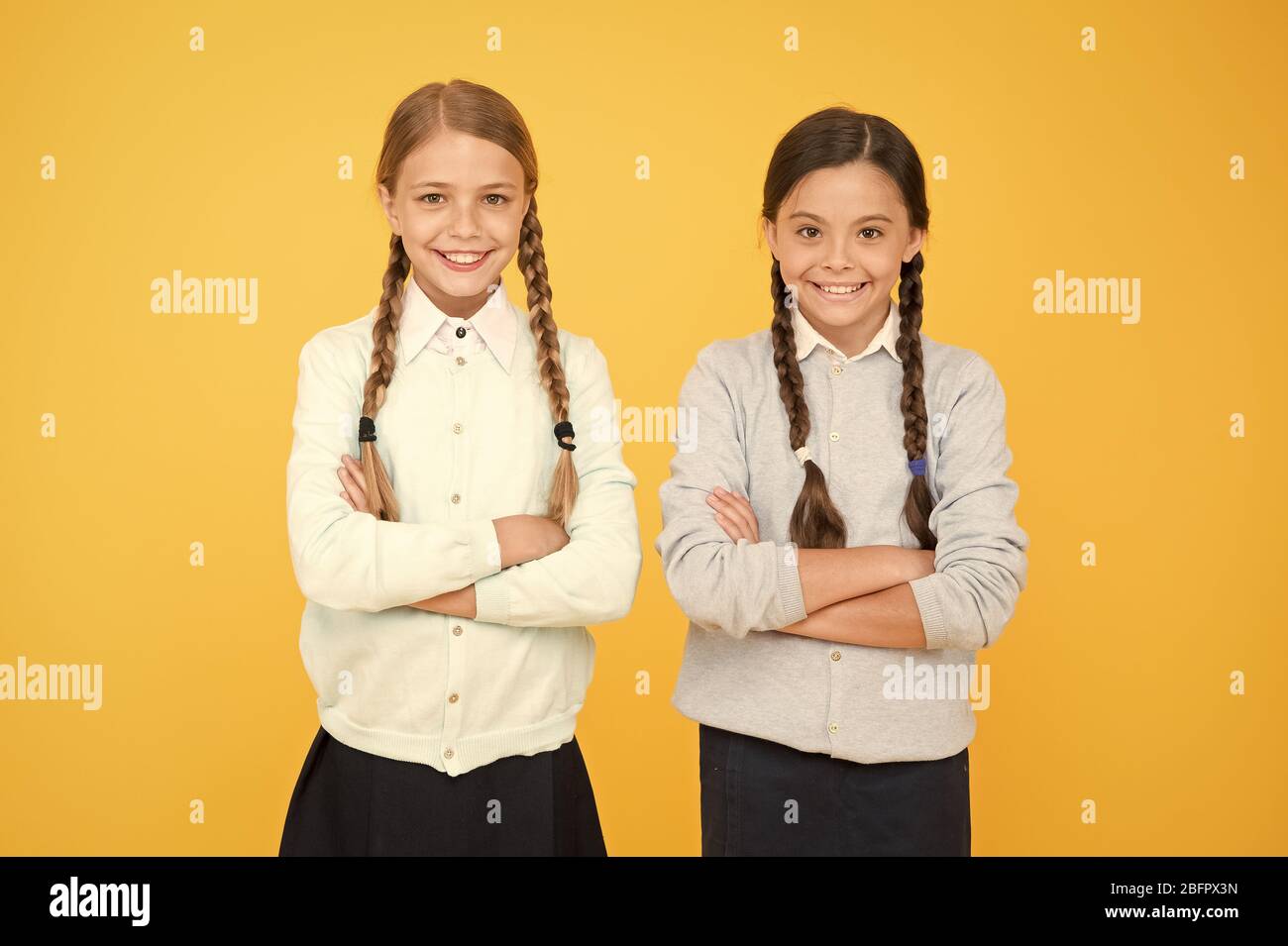Studying together is fun. smart little girls on yellow background ...