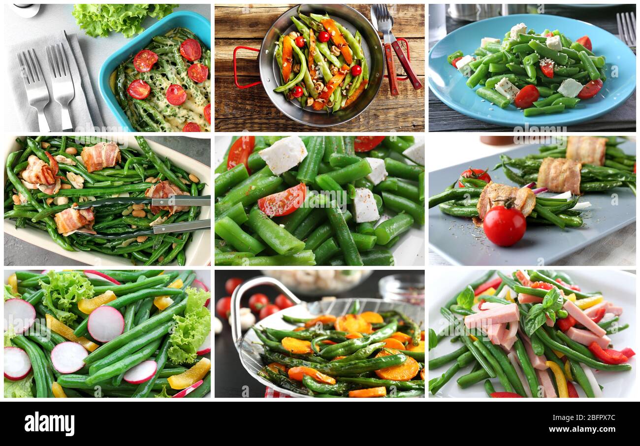 Collage of different dishes with green beans Stock Photo - Alamy