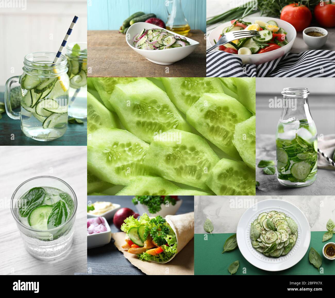 Collage with different ideas of using cucumbers in culinary Stock Photo ...