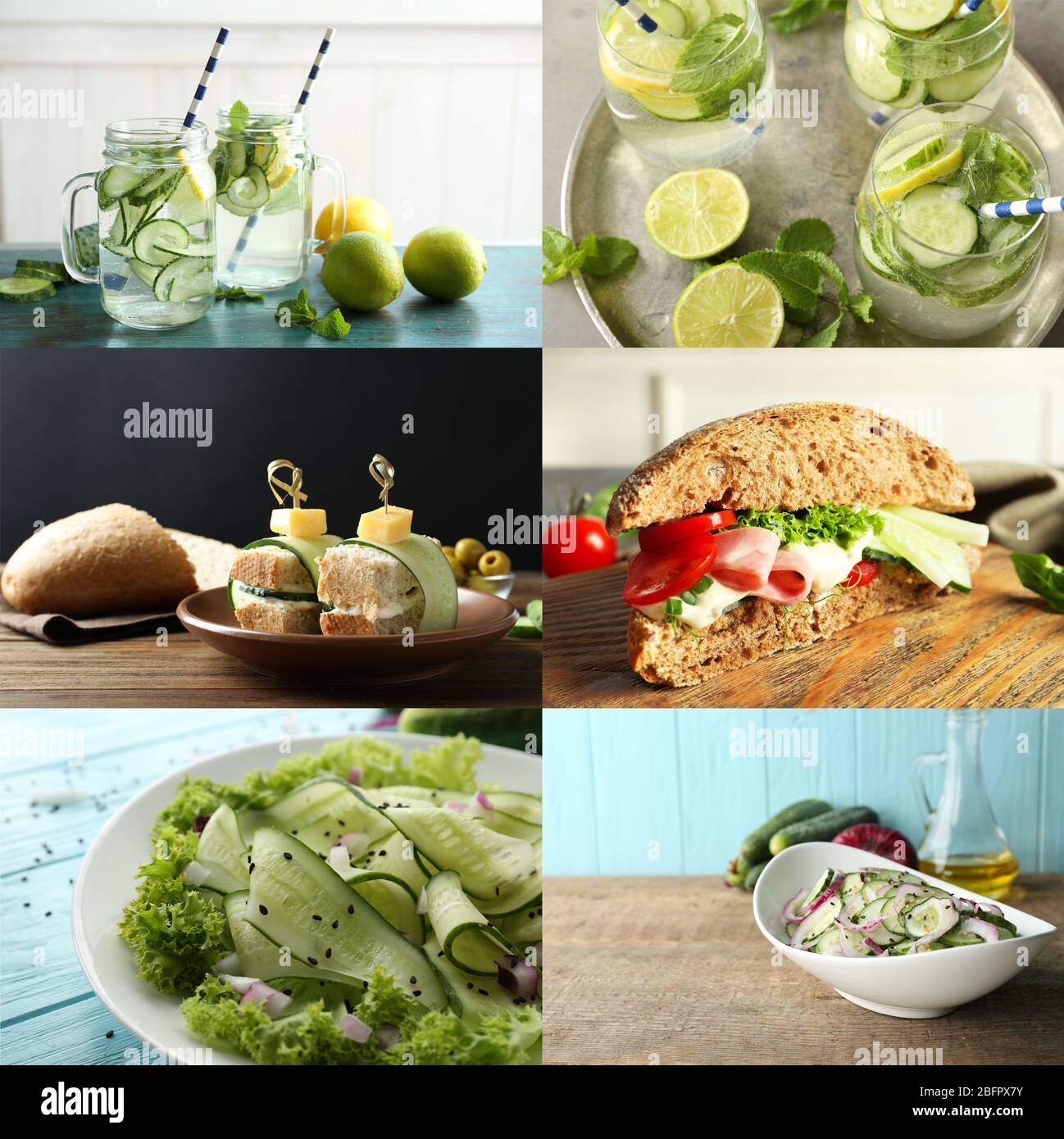Collage with different ideas of using cucumbers in culinary Stock Photo ...