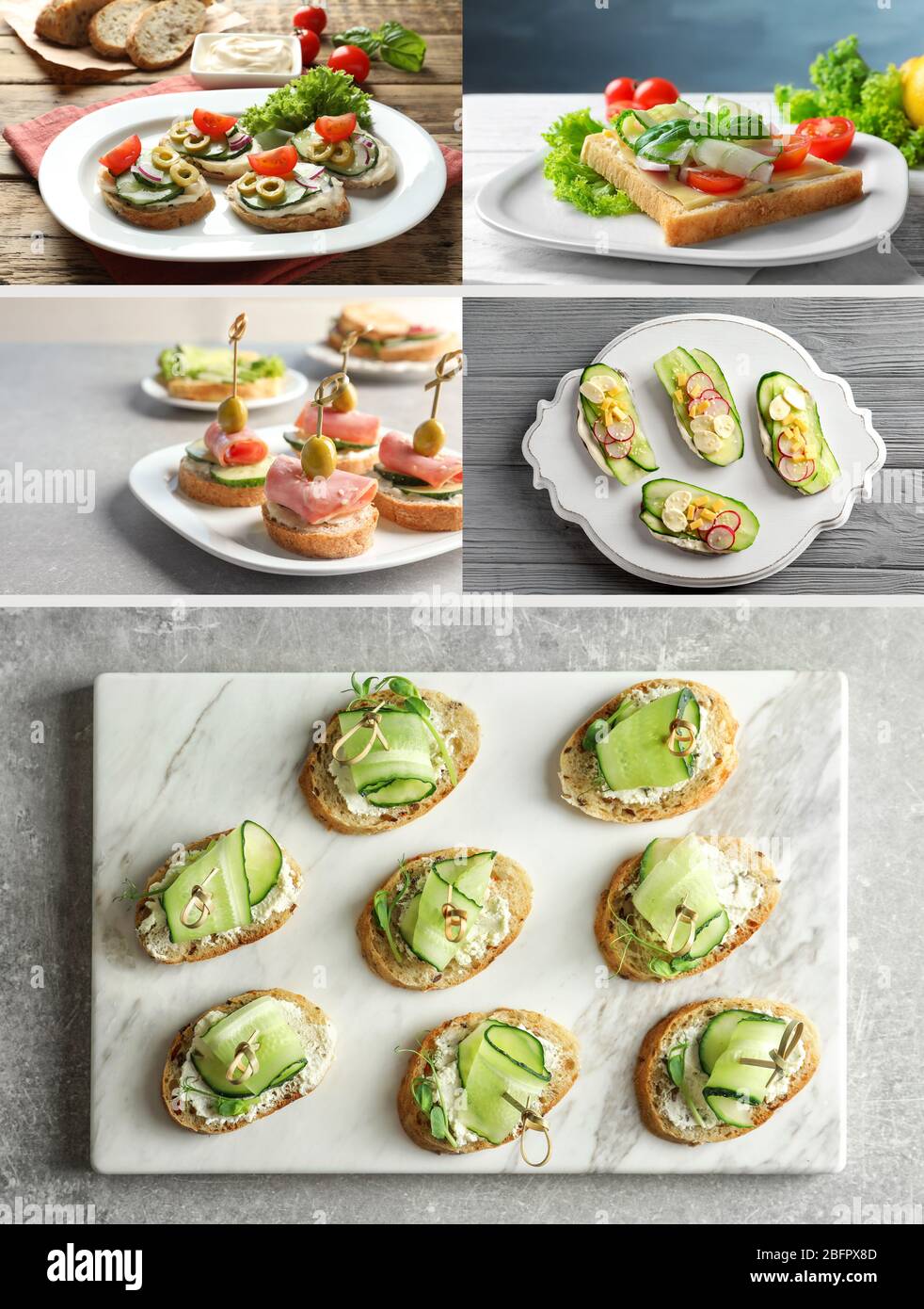 Collage of different snacks with cucumber Stock Photo - Alamy