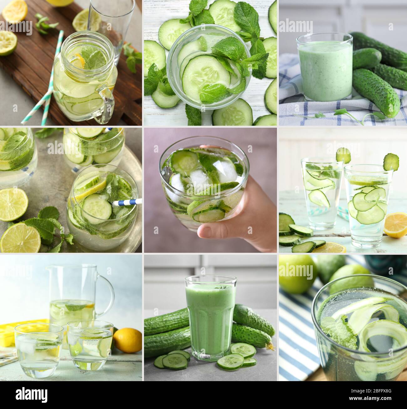 Collage of different drinks with cucumber Stock Photo - Alamy