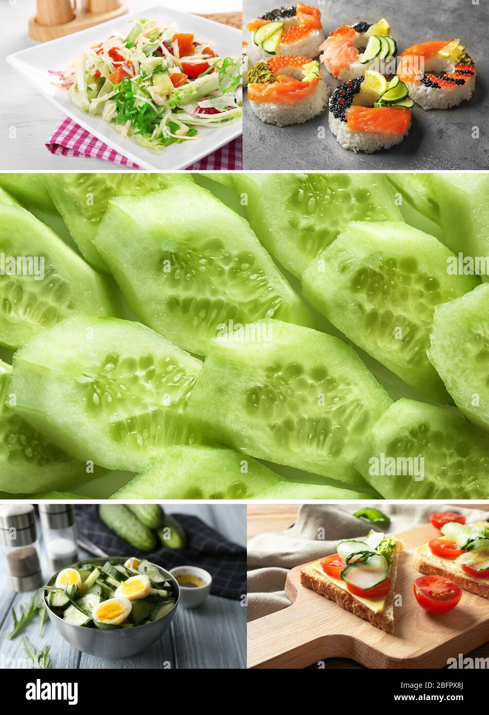 Collage with different ideas of using cucumbers in culinary Stock Photo ...