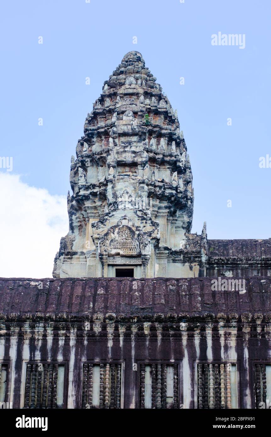 Central tiered roof stupa in Angkor Wat main temple, an ancient Hindu ...