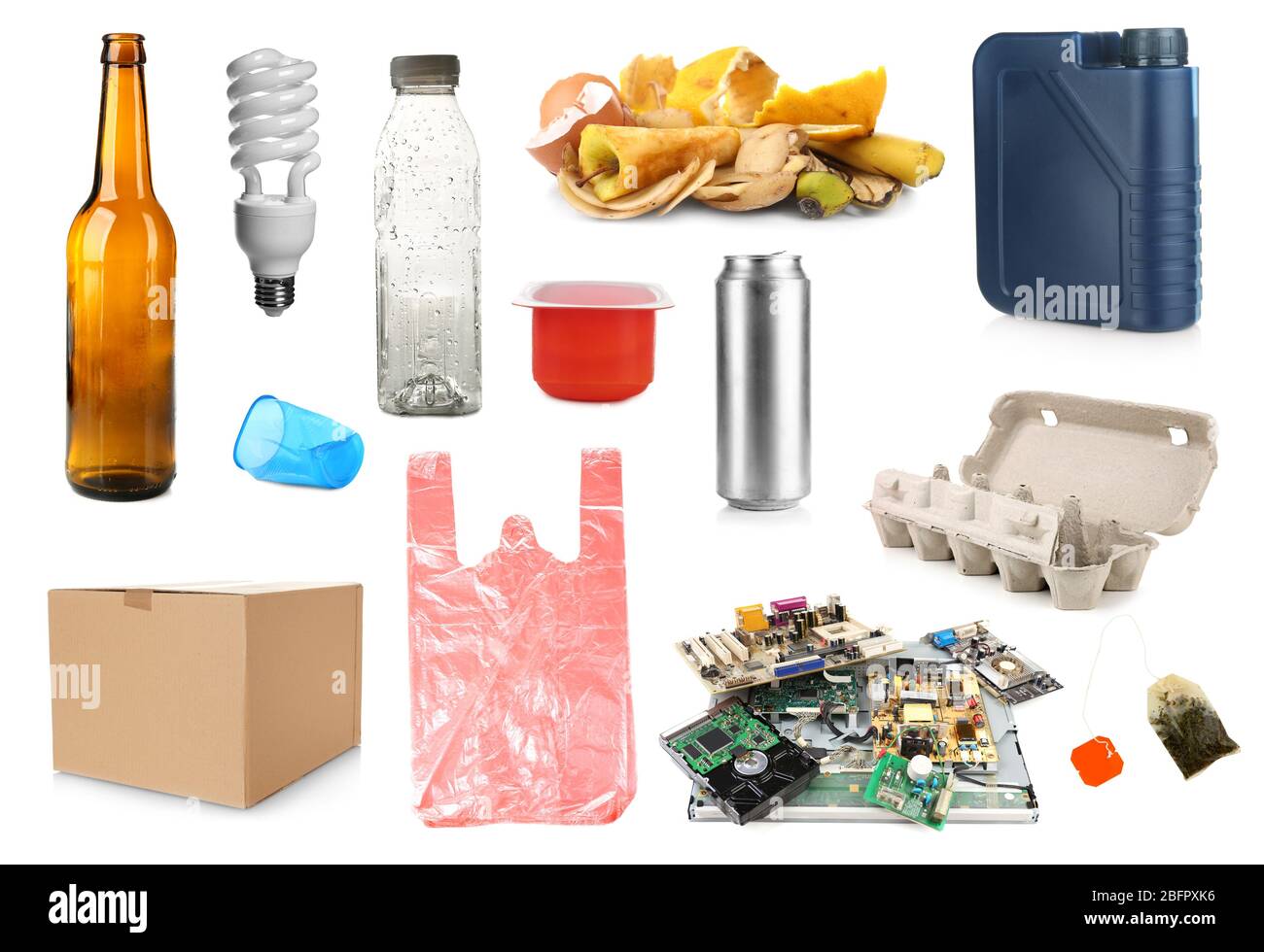 Different kinds of garbage on white background. Concept of recycling ...