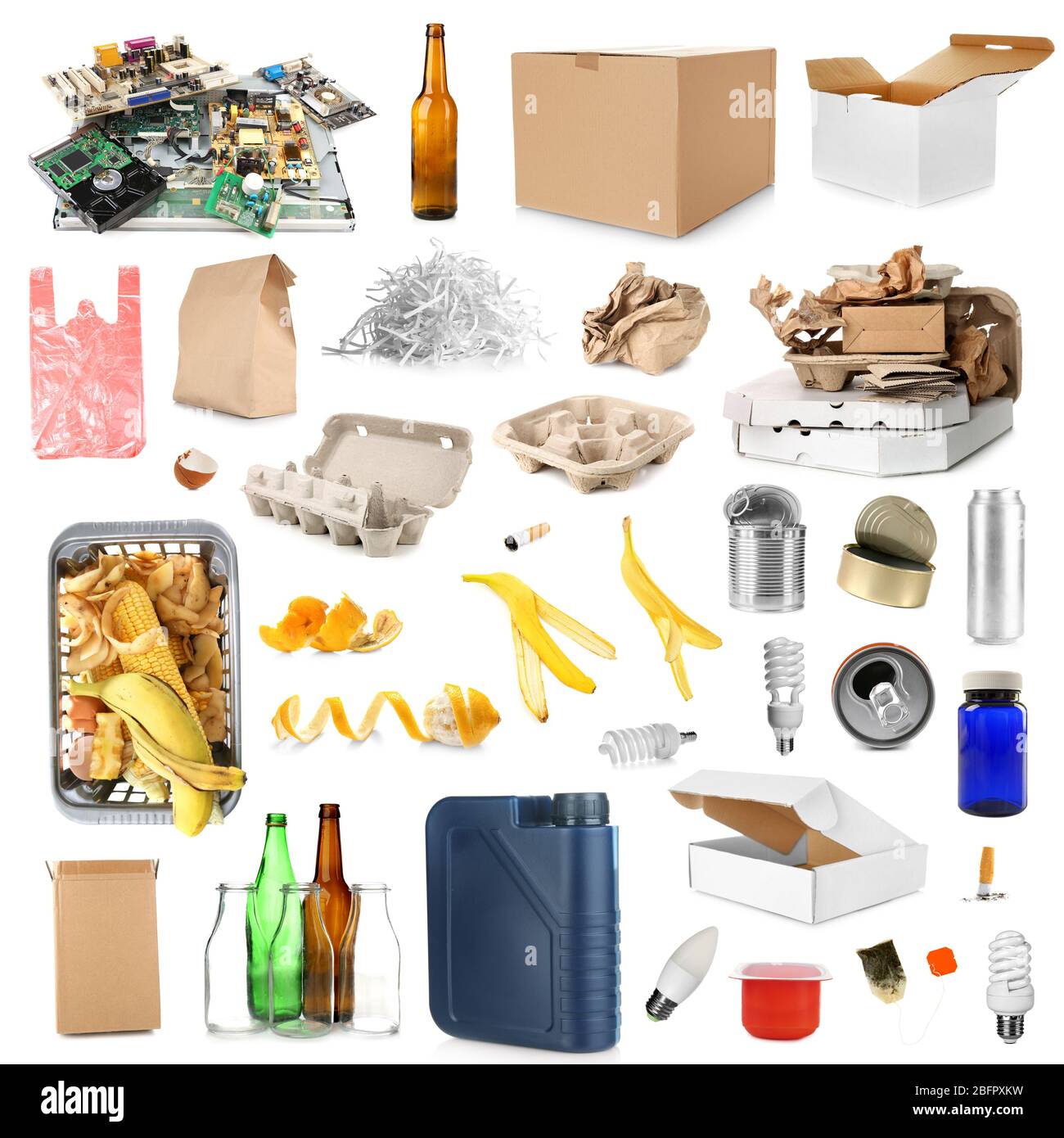 Different kinds of garbage on white background. Concept of recycling ...