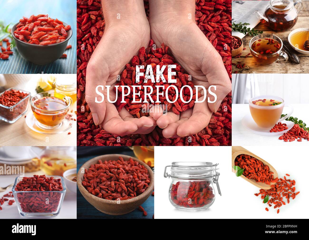 Collage with goji berries. Text FAKE SUPERFOODS on background Stock ...