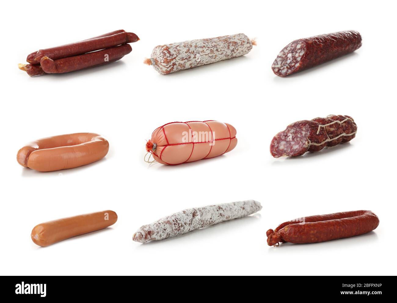 Different sausages on white background Stock Photo - Alamy