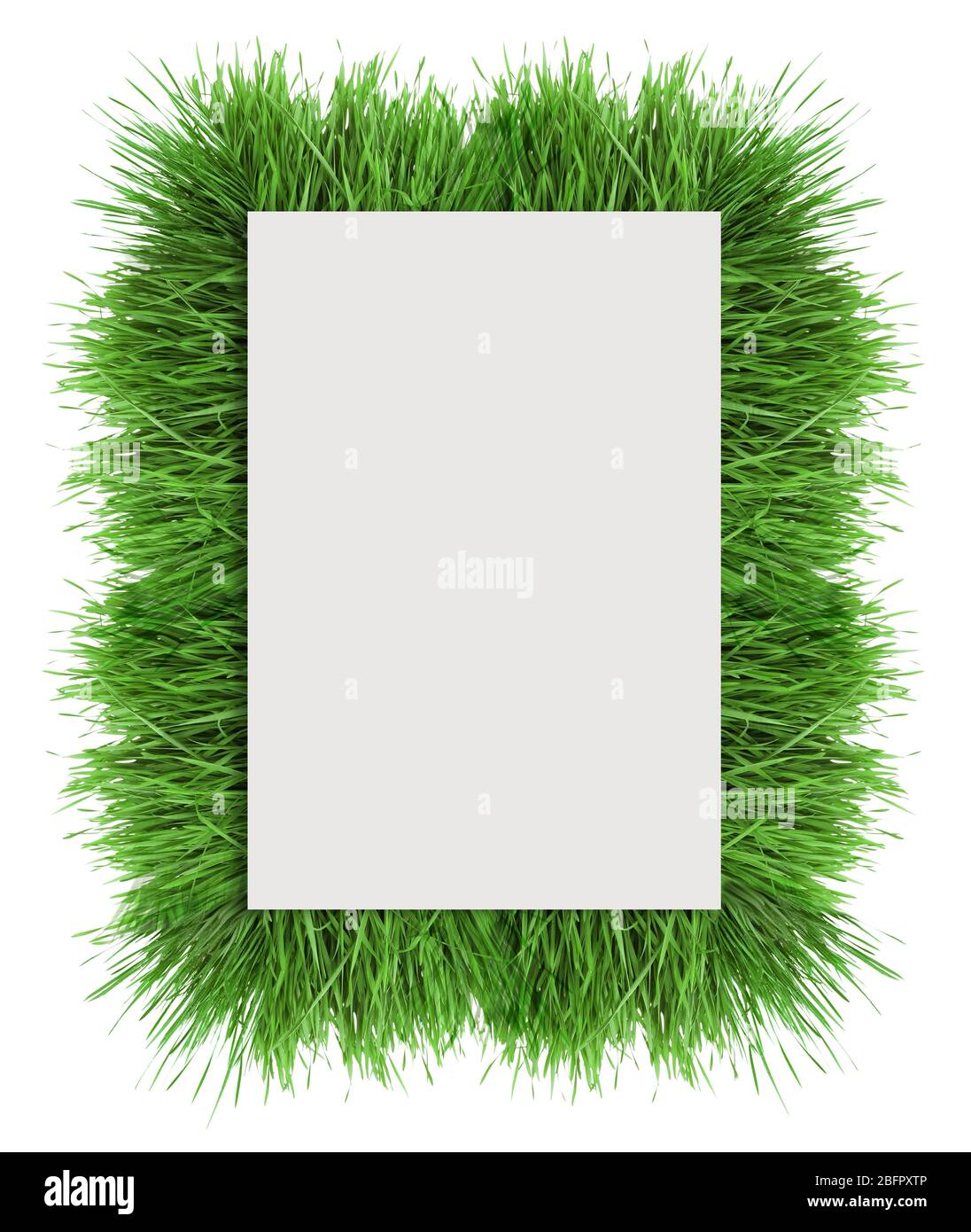 Green grass around paper sheet with space for text on white background ...