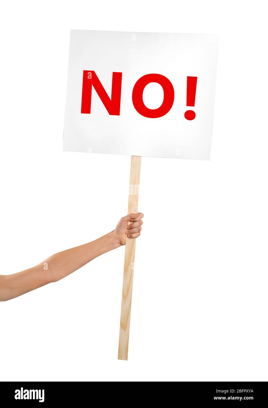 Man holding signboard with word NO on white background Stock Photo - Alamy