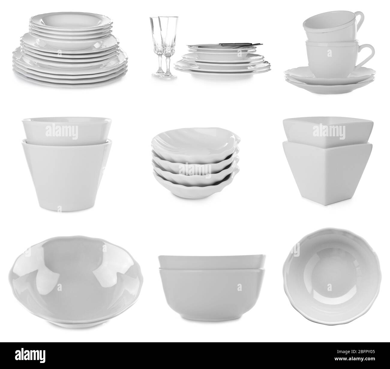 Different tableware on white background Stock Photo - Alamy