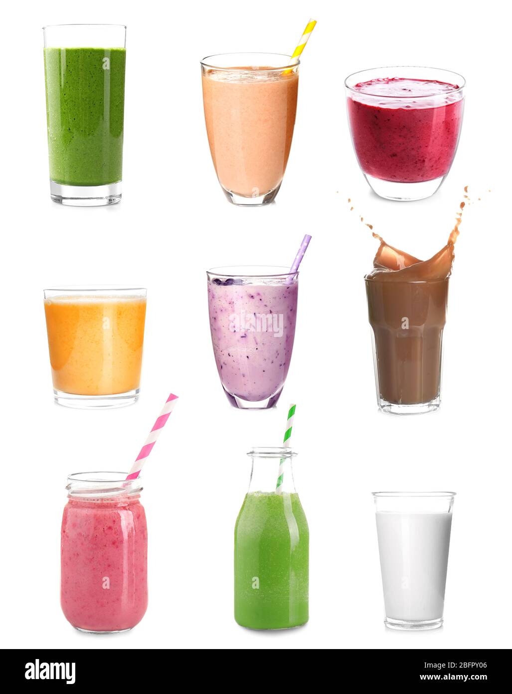 Different protein shakes in glassware on white background Stock Photo ...