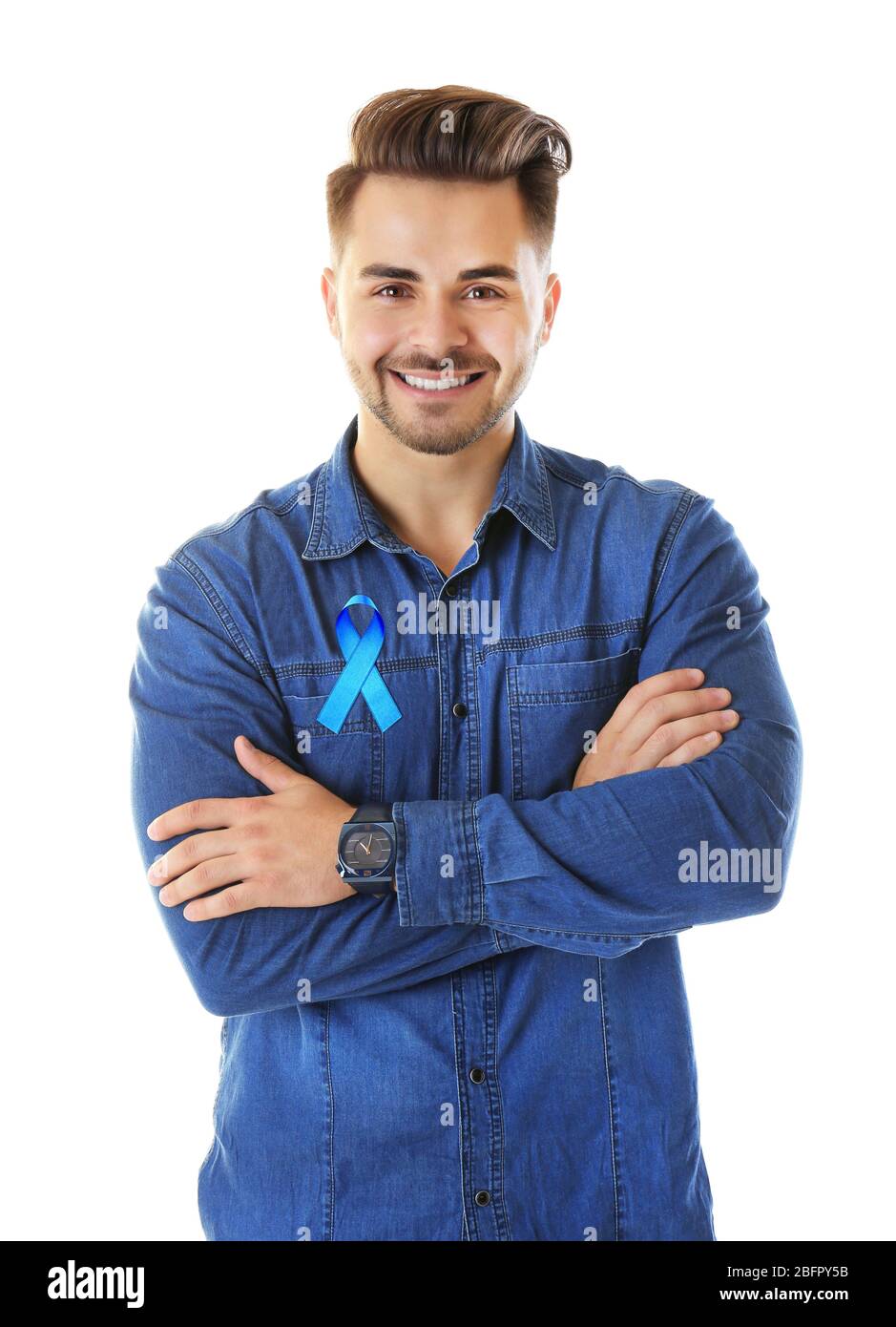 Young man with blue ribbon on white background. Prostate cancer concept ...