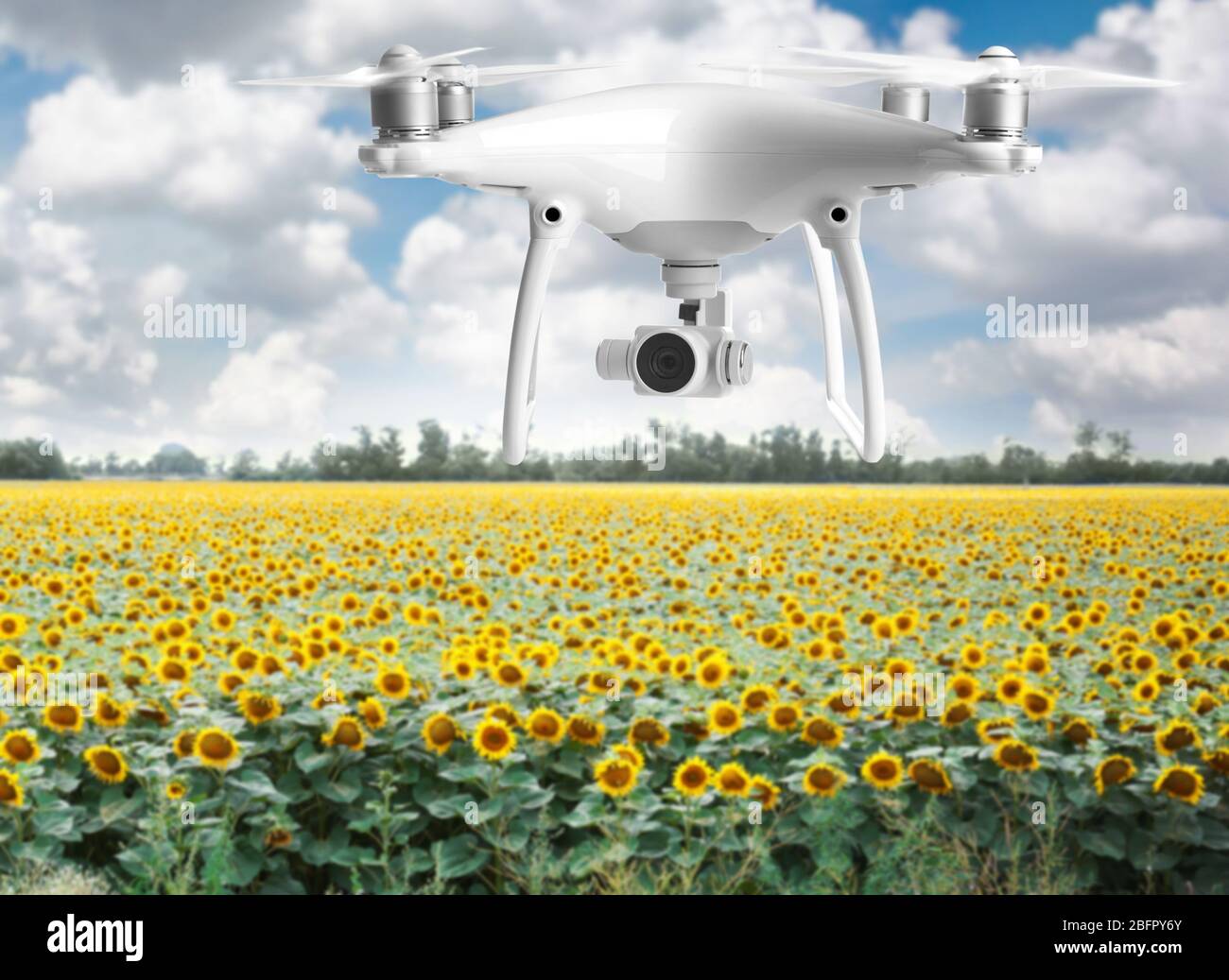 Quadcopter with camera flying over field. Smart agriculture concept ...