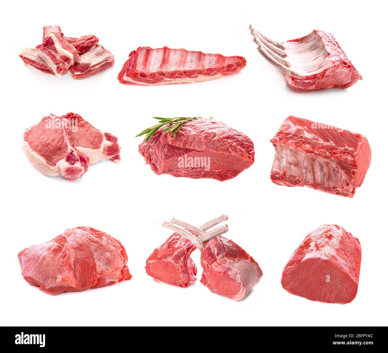 Collage of fresh meat on white background Stock Photo - Alamy