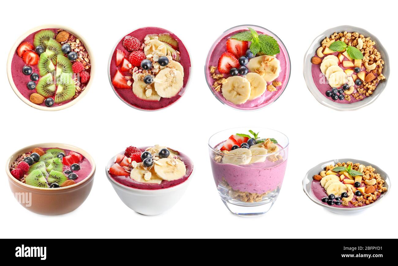 Collage of smoothies with acai berries on white background Stock Photo ...