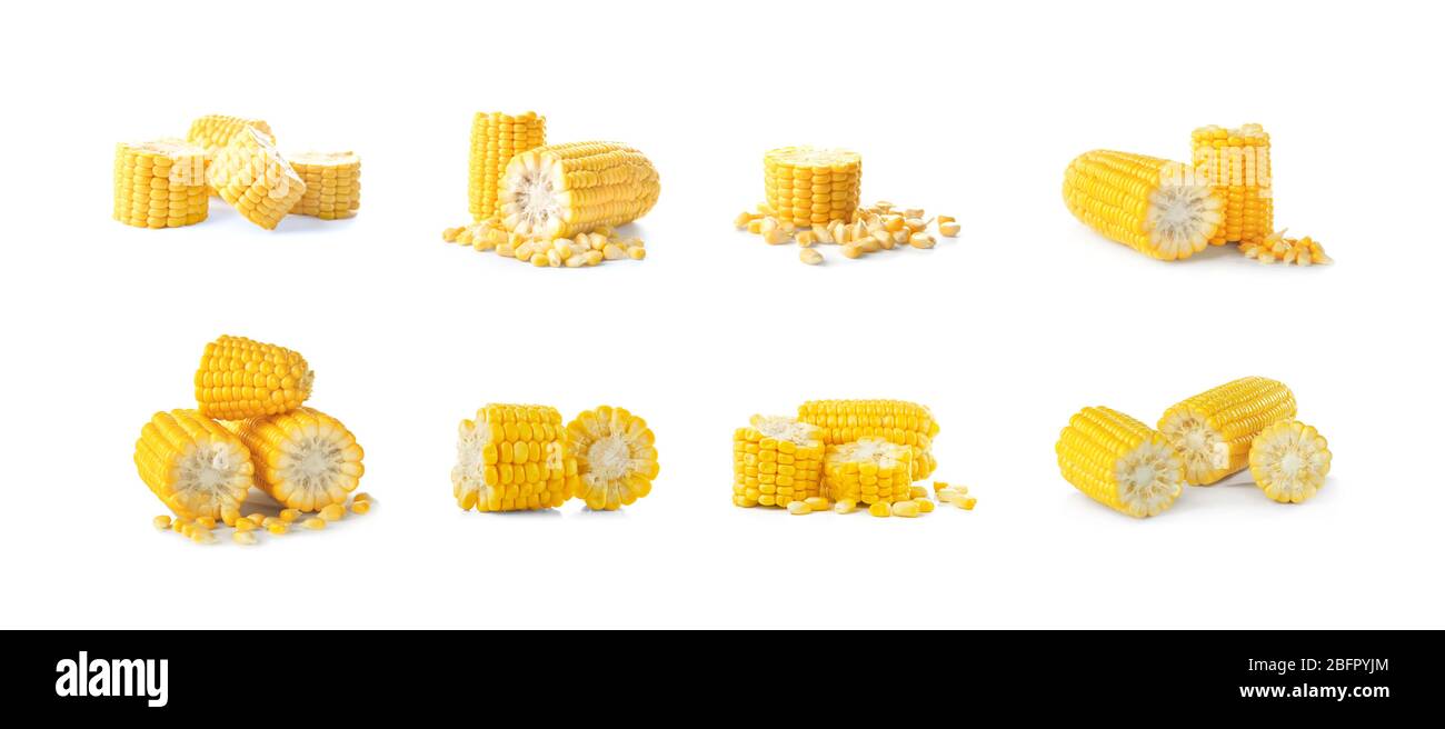 Pieces of fresh corn on white background Stock Photo - Alamy
