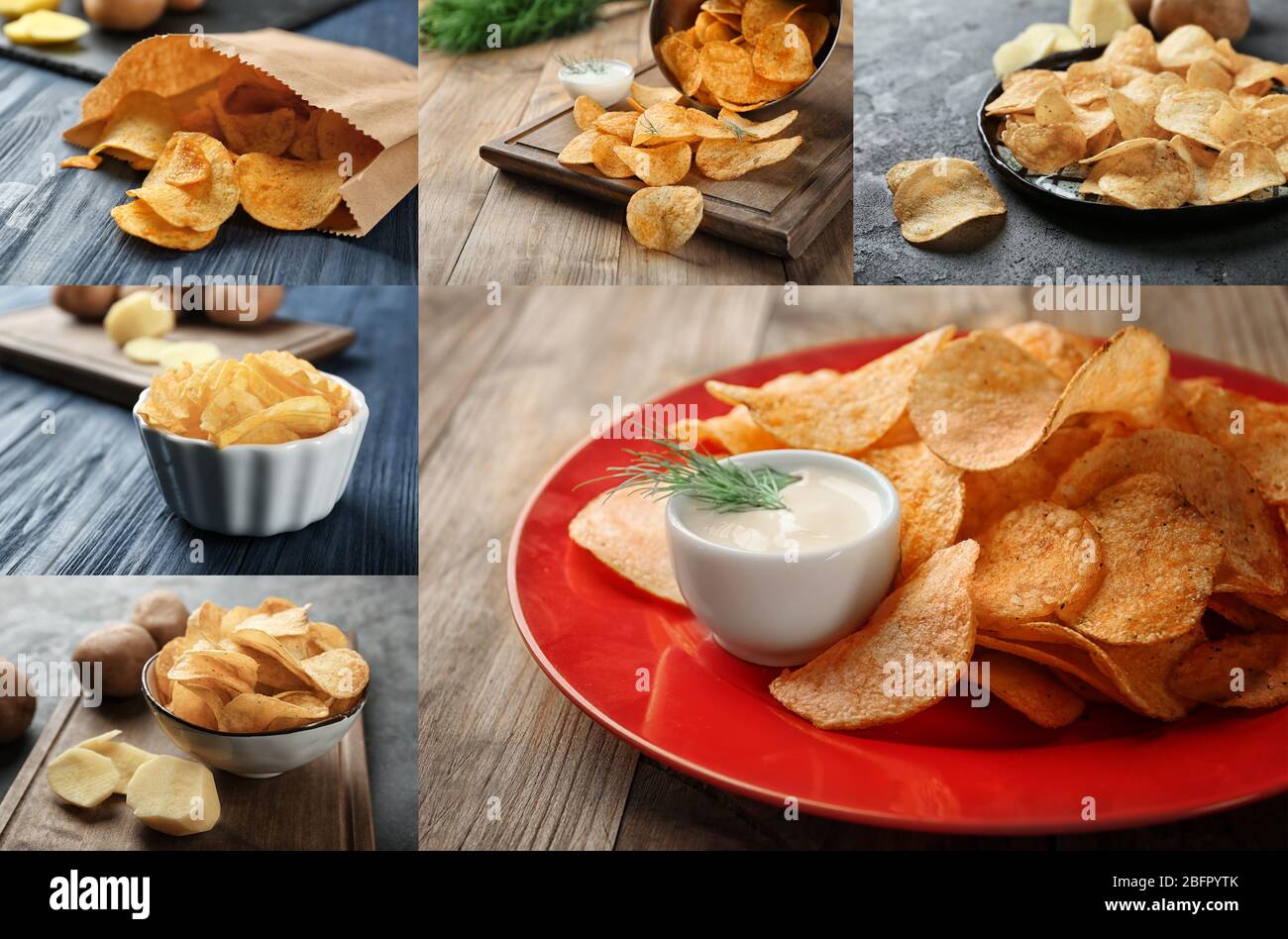Collage of tasty potato chips Stock Photo - Alamy