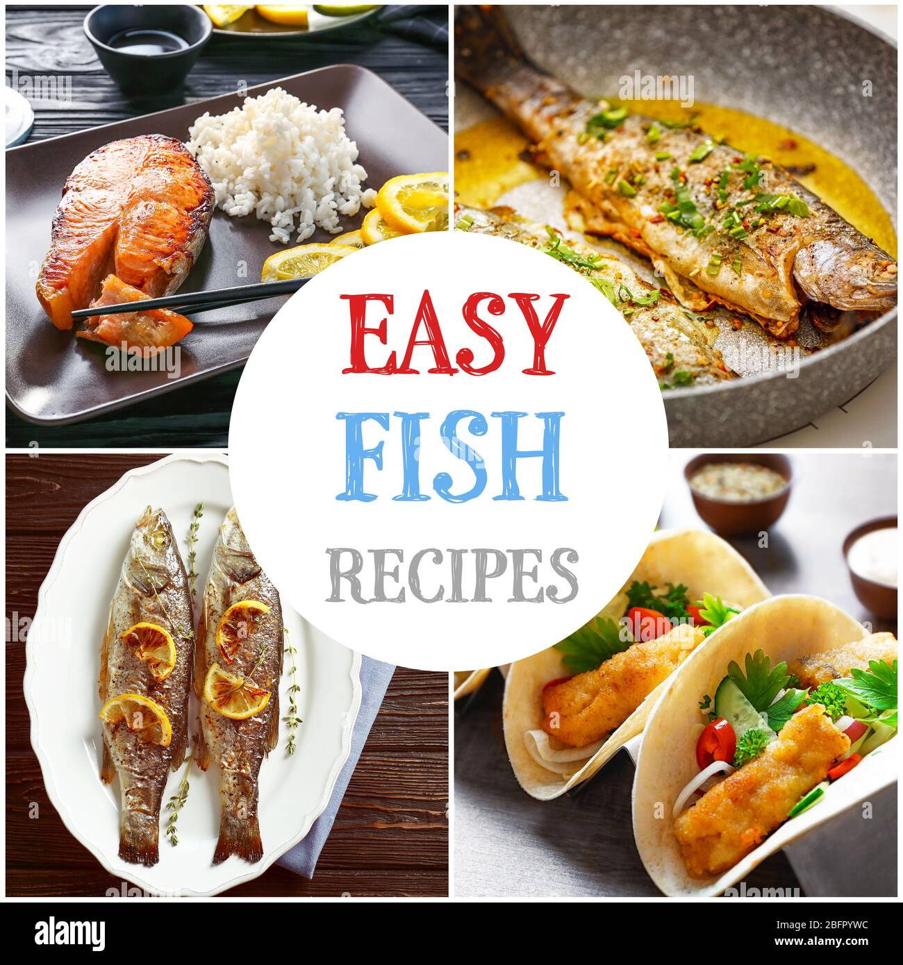 Collage for easy fish recipes Stock Photo - Alamy