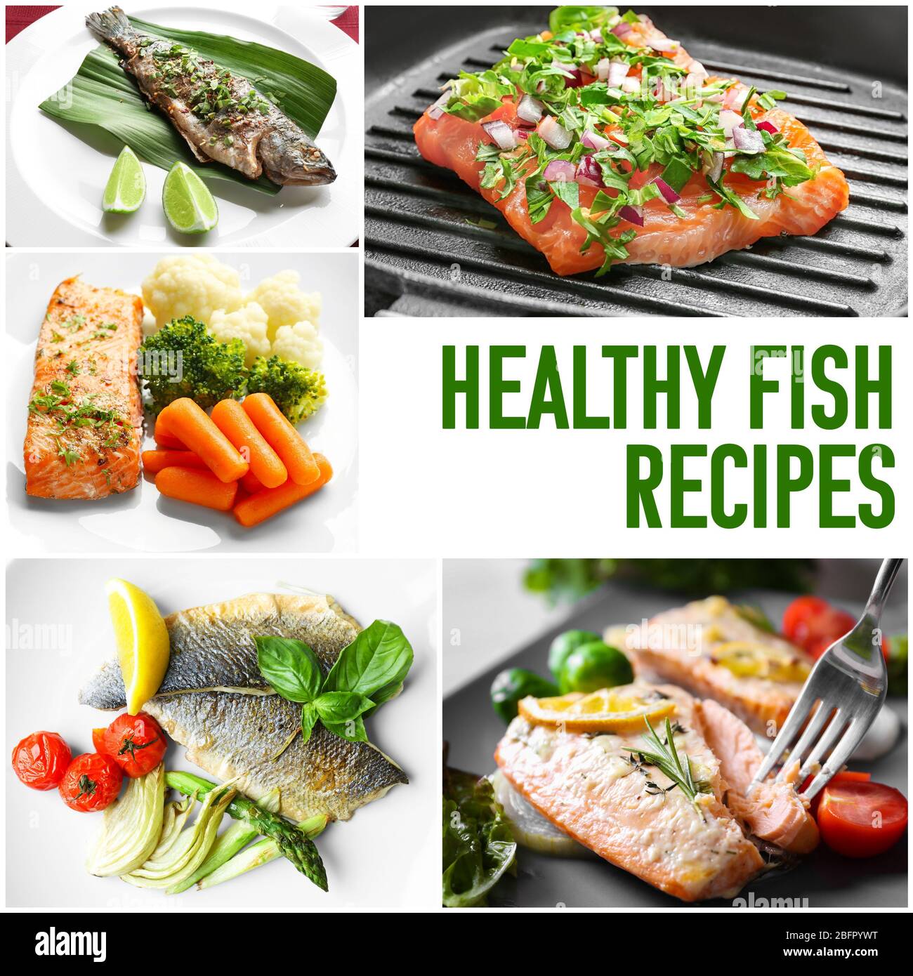 Collage for healthy fish recipes Stock Photo - Alamy