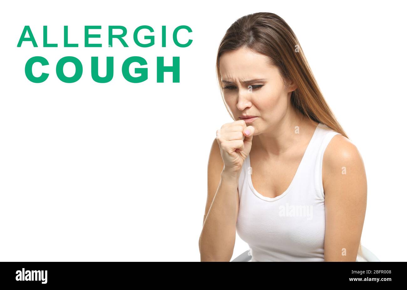 Young woman suffering from allergic cough on white background Stock ...