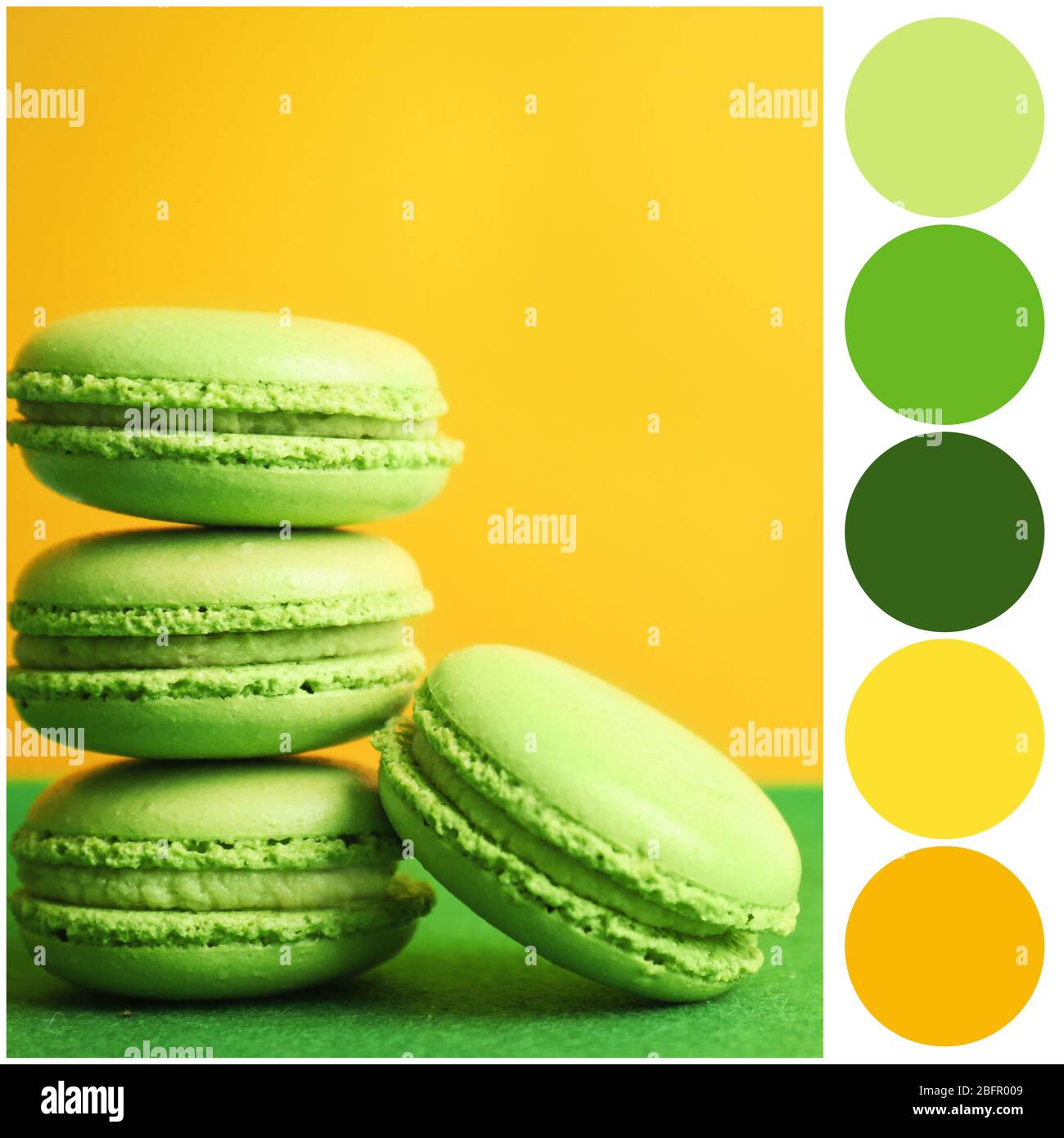 Color palette and tasty macarons on yellow background Stock Photo - Alamy