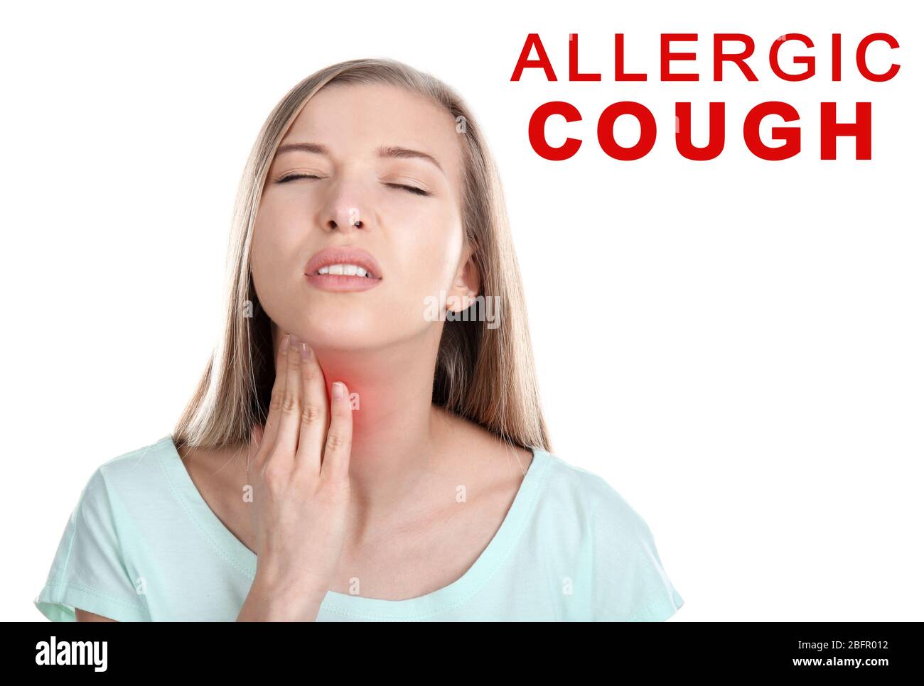 Young woman and text ALLERGIC COUGH on white background Stock Photo - Alamy