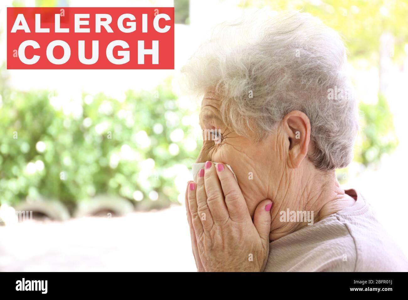 Senior woman suffering from allergic cough outdoors Stock Photo - Alamy