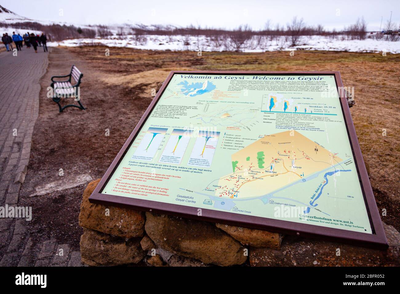 Information sign in Geysir hot spring geothermal area, Iceland on a ...